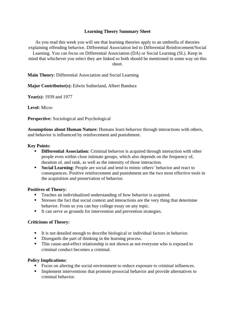 Learning Theory Summary Sheet1 | PDF
