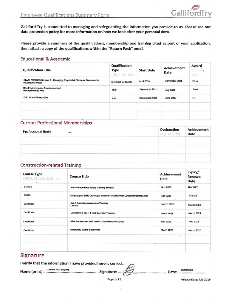 Employee Qualification Summary Form | PDF