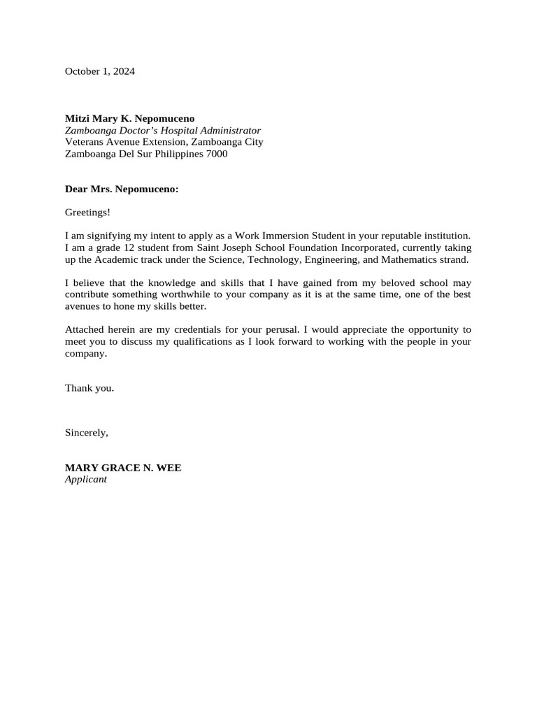 Application Letter Format For Work Immersion | PDF
