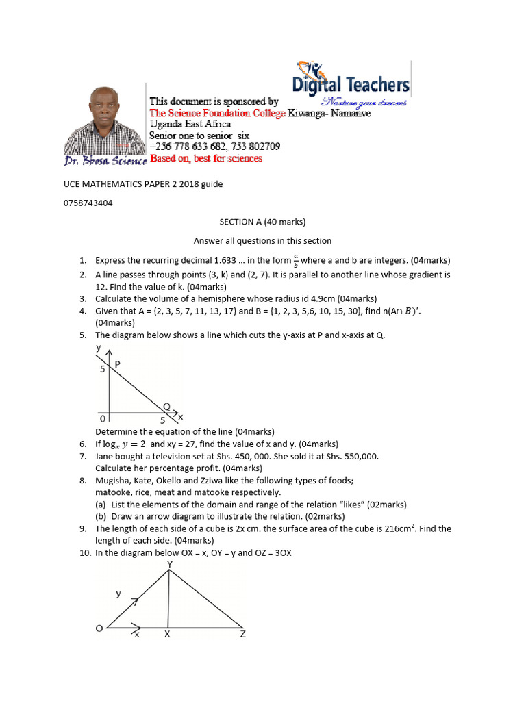 Uce Mathematics Paper 2 2018 Marking Guide o Level 1 | PDF