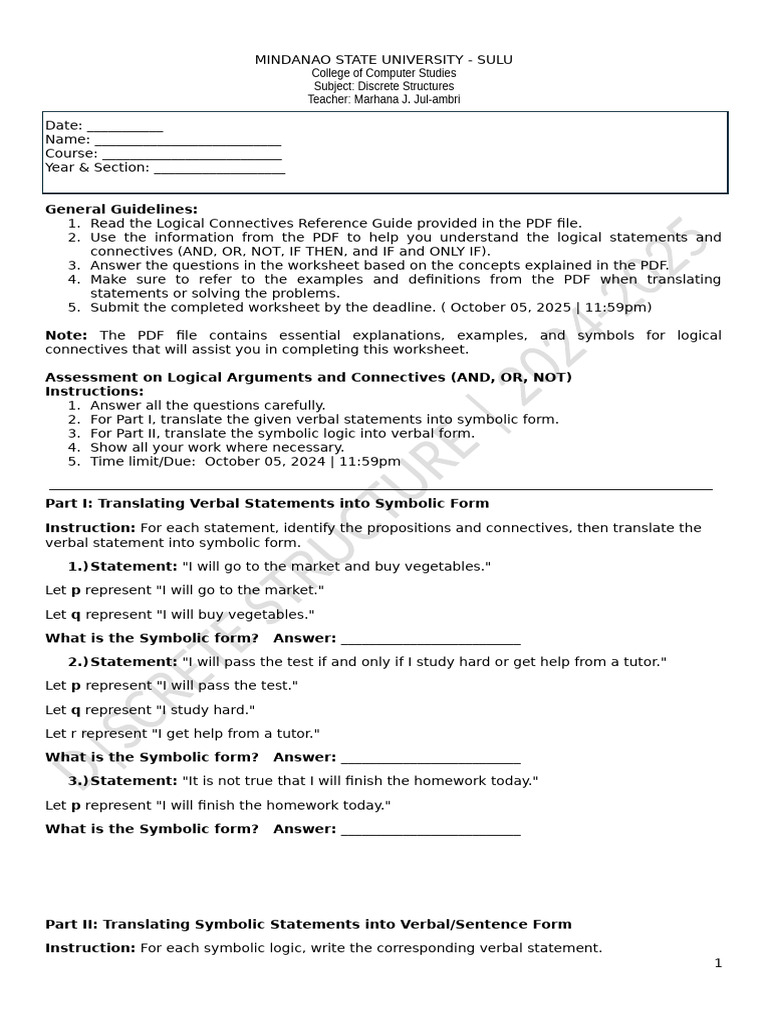 Logical Arguments Connectives Worksheet | PDF