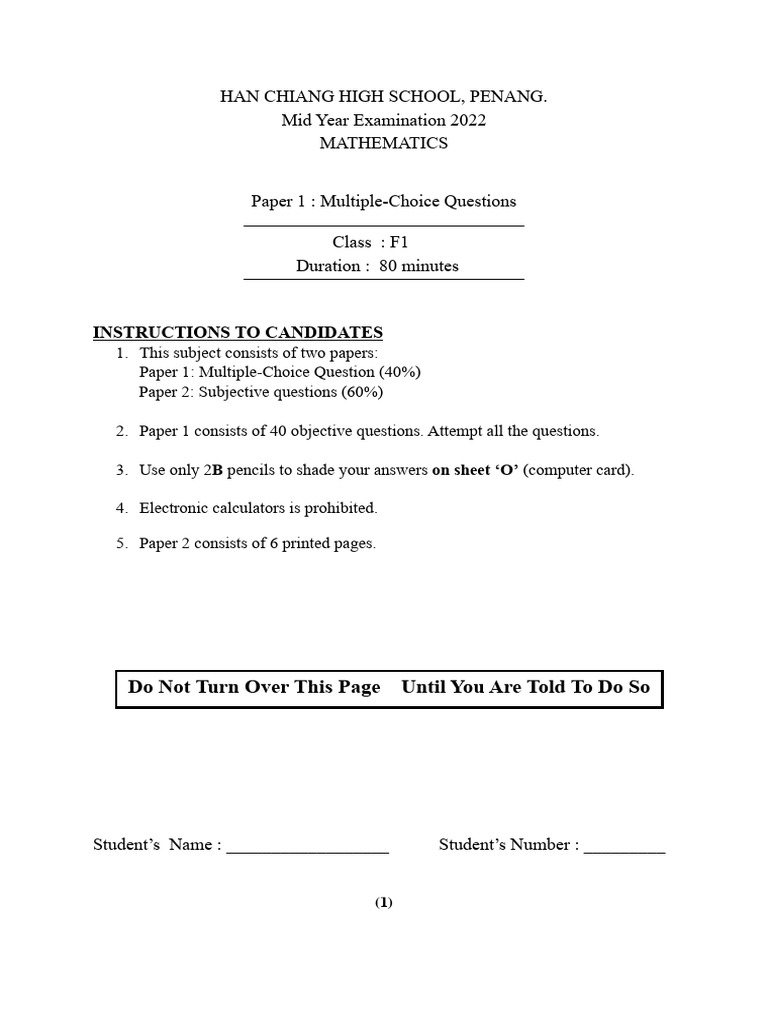 F1 Math Mid Year Exam 2022 P1 - Q | PDF