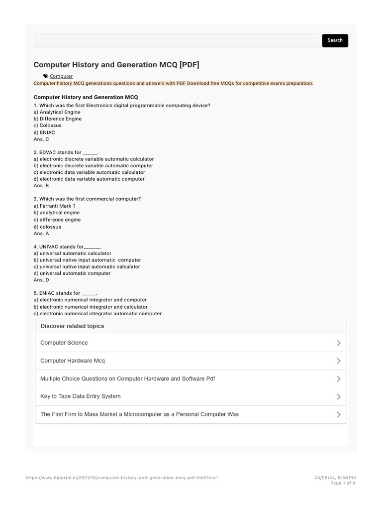 Computer History and Generation MCQ [PDF] - ITI Portal | PDF