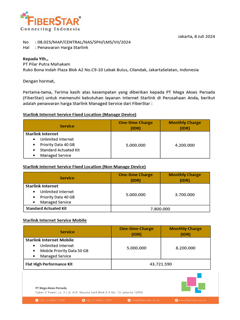 Proposal Harga FiberStar - Starlink - PT Pillar Putra Mahakam | PDF