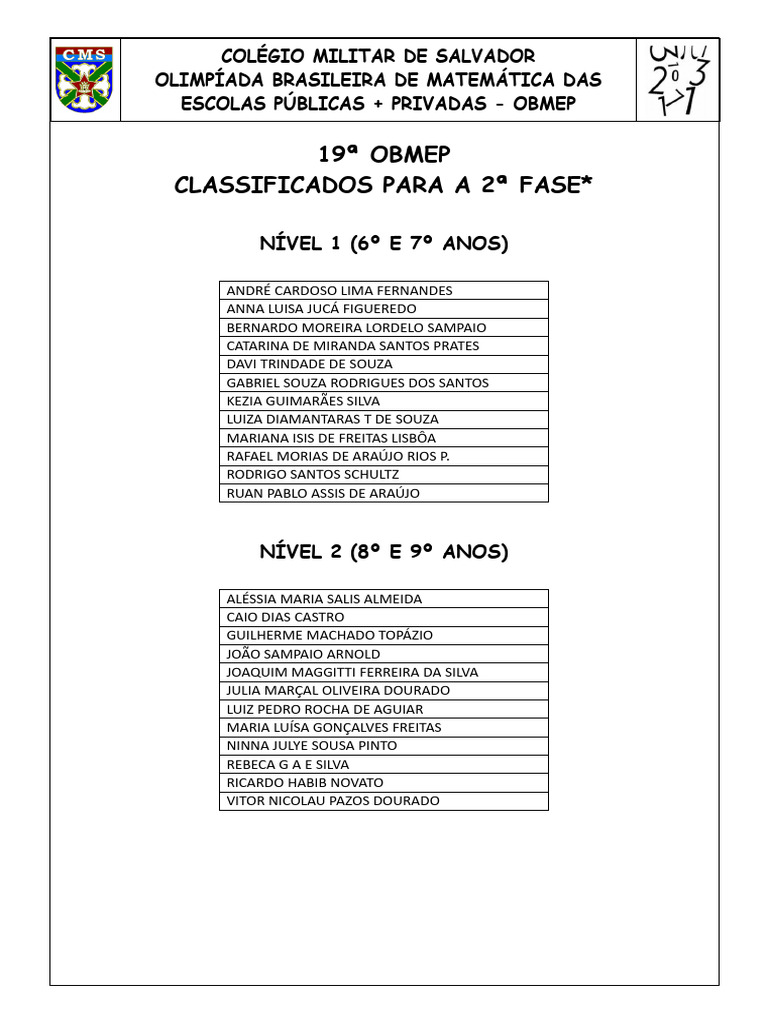 OBMEP 2024 CLASSIFICADOS 2a FASE | PDF