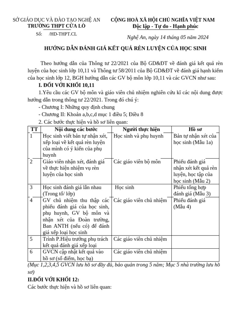 Cl. Huong Dan Danh Gia Ket Qua Ren Luyen Cua Hoc Sinh | PDF