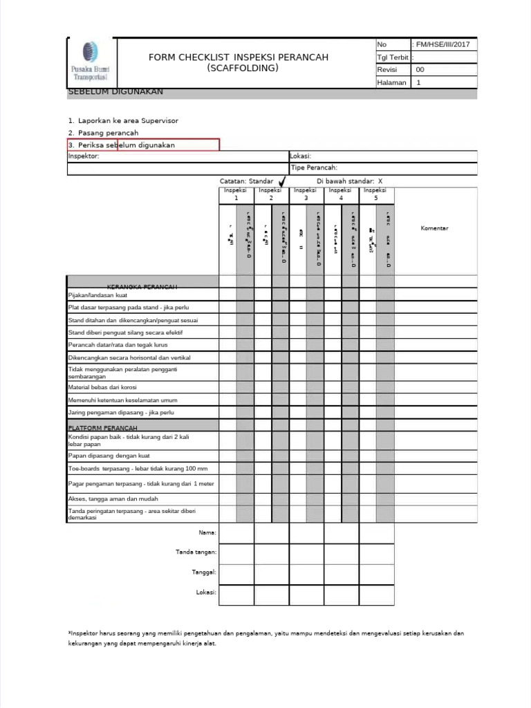 Form Chechklist Inspeksi Perancah Scaffolding | PDF