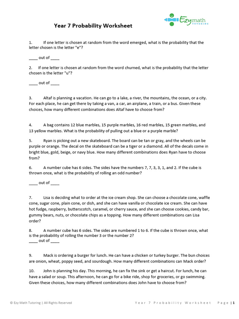 Year 7 Probability Worksheet | PDF