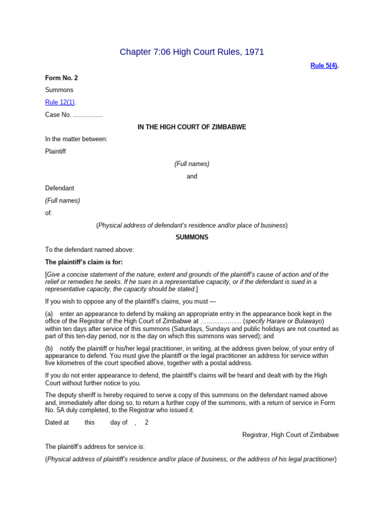 Zimbabwe High Court Forms | PDF | Summons | Interrogatories