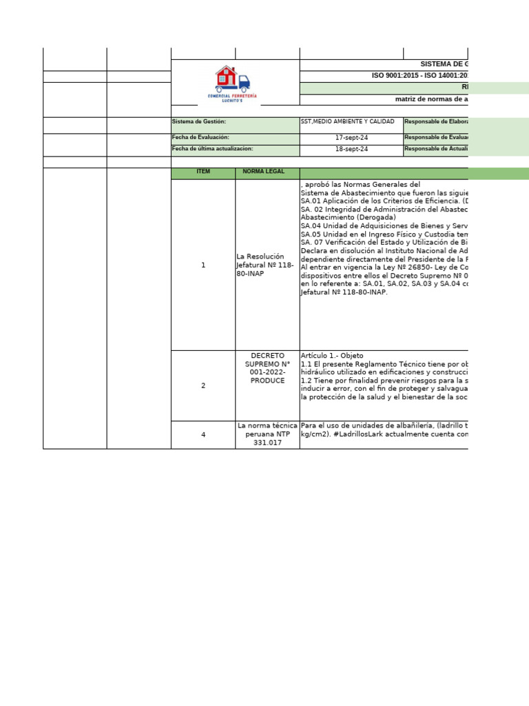 Matriz de Normas de Acuerdo Al Producto o Servicio - Hoja 1 | PDF