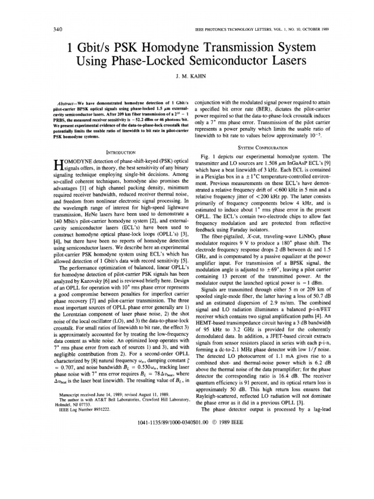 1 Gbit S Psk Homodyne Transmission System Using Phase Locked Semiconductor Lasers Pdf