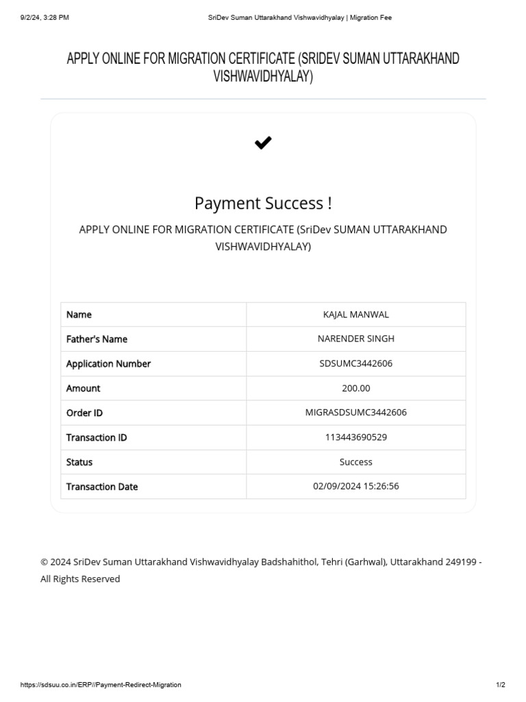 SriDev Suman Uttarakhand Vishwavidhyalay - Migration Fee | PDF