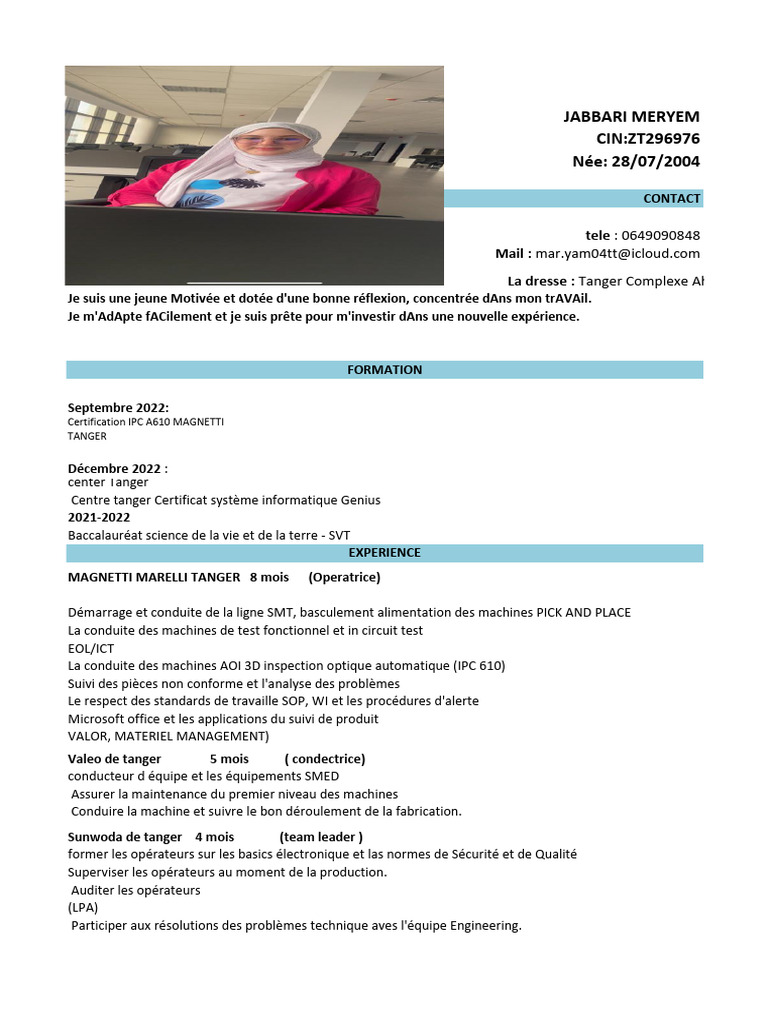 Jabbari Meryem CIN:ZT296976 Née: 28/07/2004: Tele Mail: La Dresse | PDF