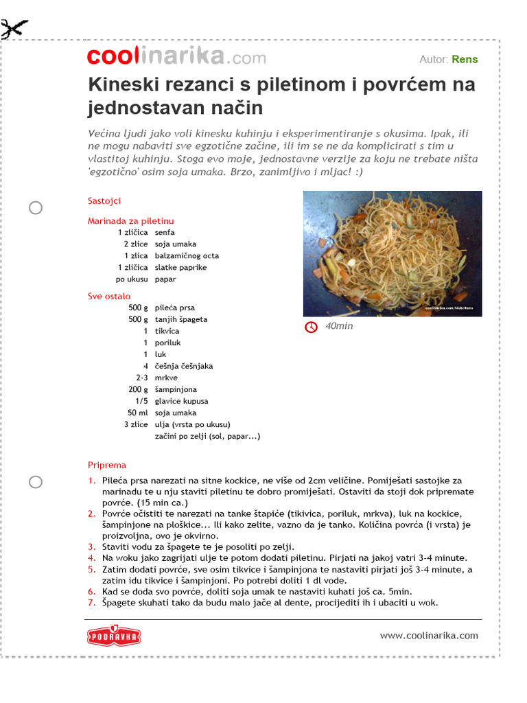 Kineski Rezanci S Piletinom I Povrcem Na Jednostavan Nacin | PDF