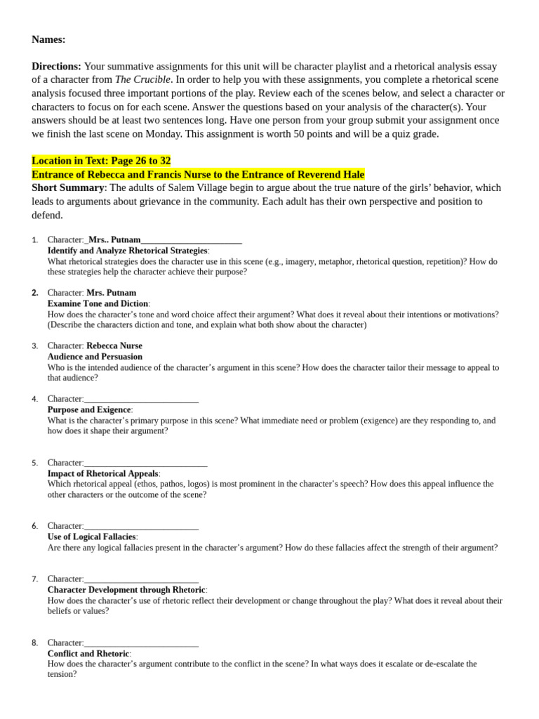 The Crucible Rhetorical Scene Analysis Assignment | PDF | Rhetoric ...