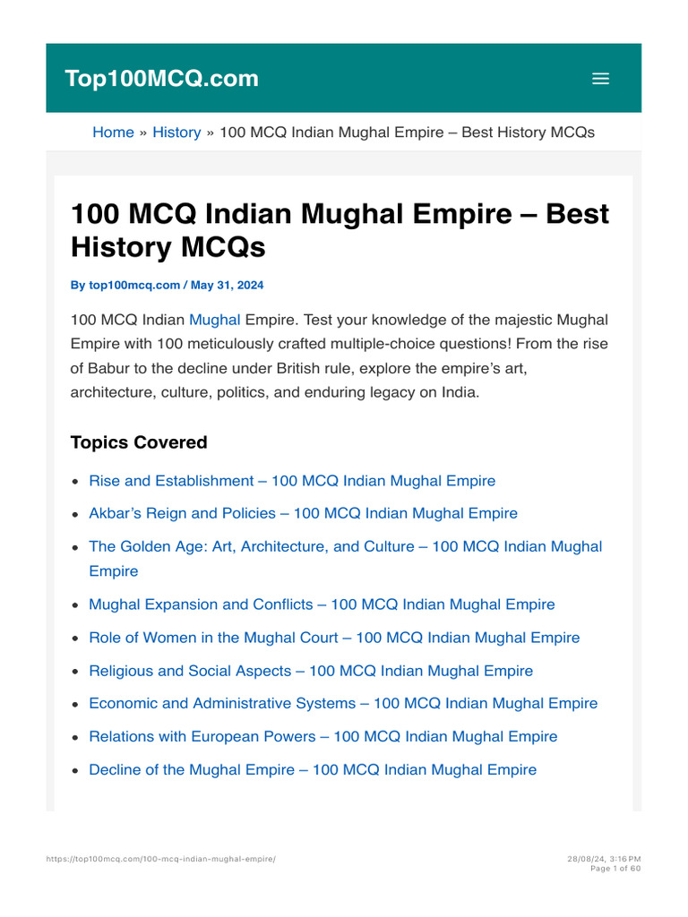 100 MCQ Indian Mughal Empire - Best History MCQs | PDF