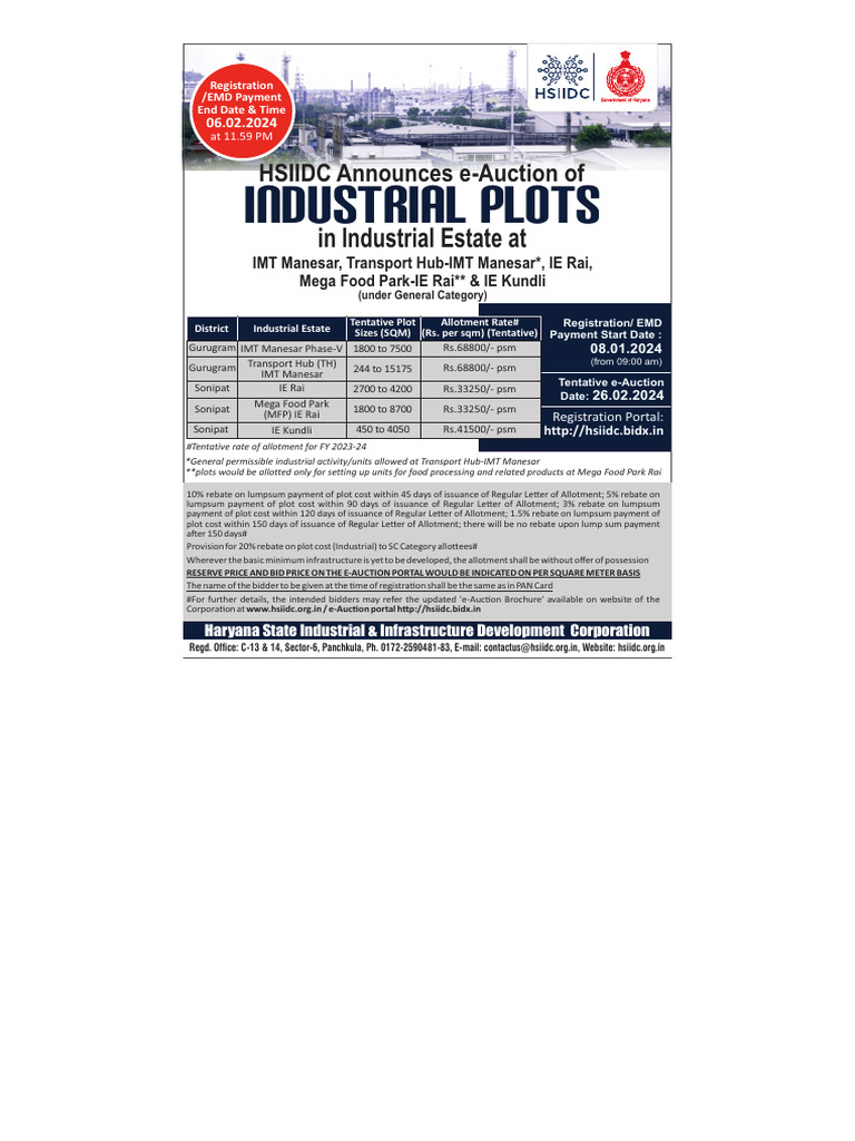 Ad - 3806-HSIIDC Announces E-Auction of Indutrial Plots in Indutrial Estate at IMT Manesar ...