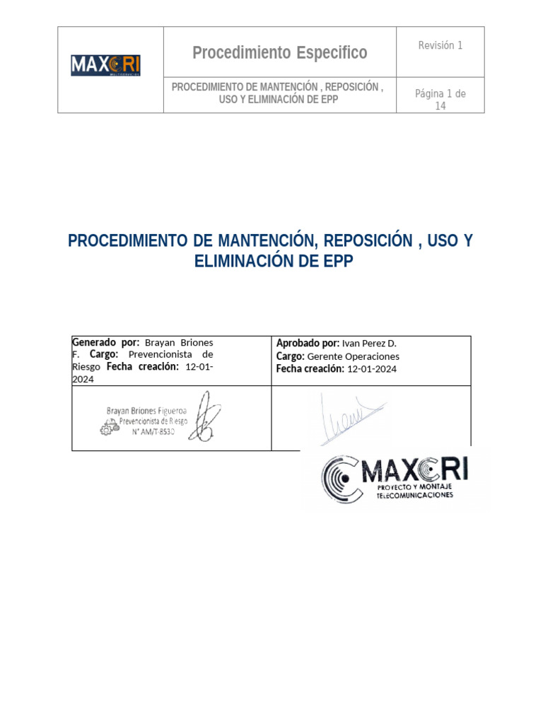 7 - Procedimiento de Mantención, Reposición, Uso y Eliminación de EPP | PDF