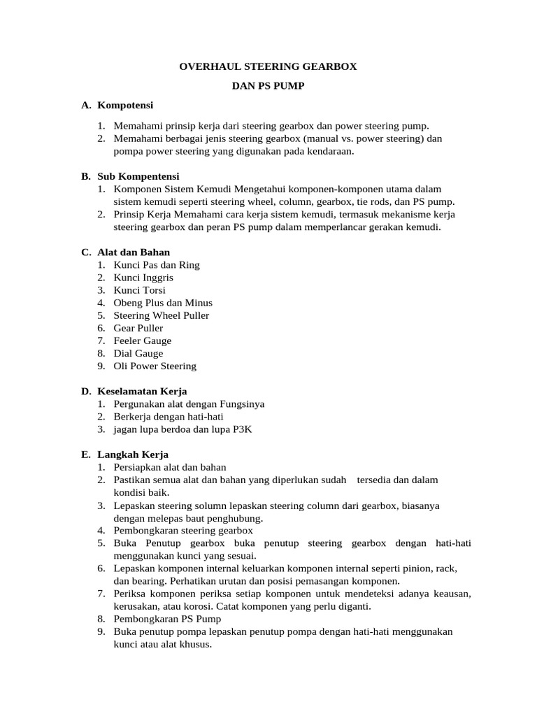 Jobsheet Steering Gear Box | PDF
