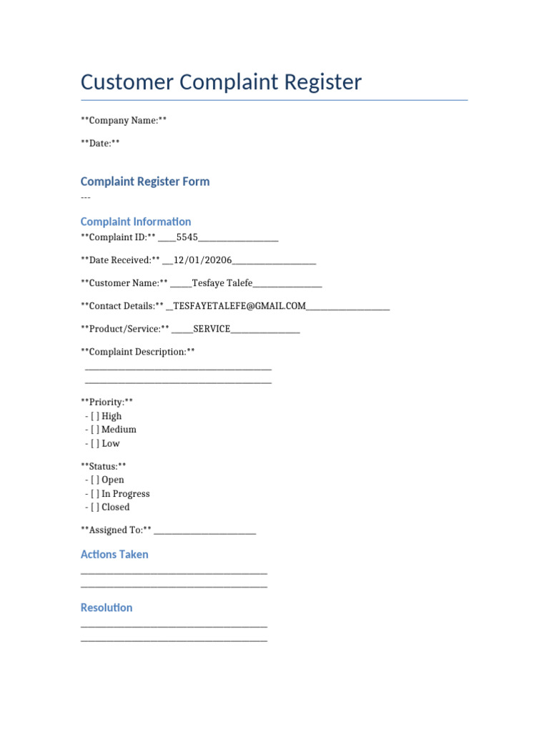 Customer Complaint Register Template | PDF