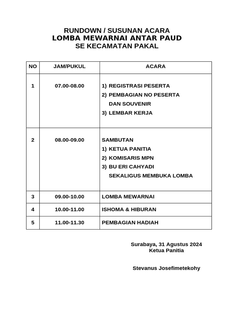 Rundown Lomba Mewarnai Paud | PDF