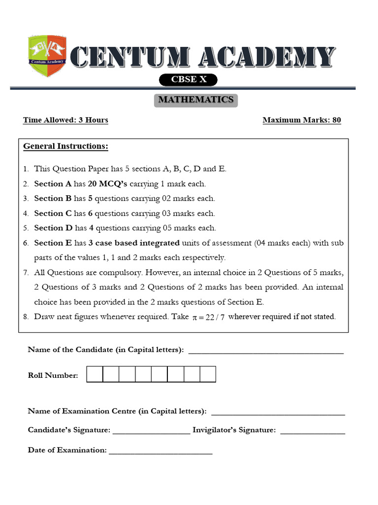 Mid Term Mock Paper Maths (2024-25 | PDF