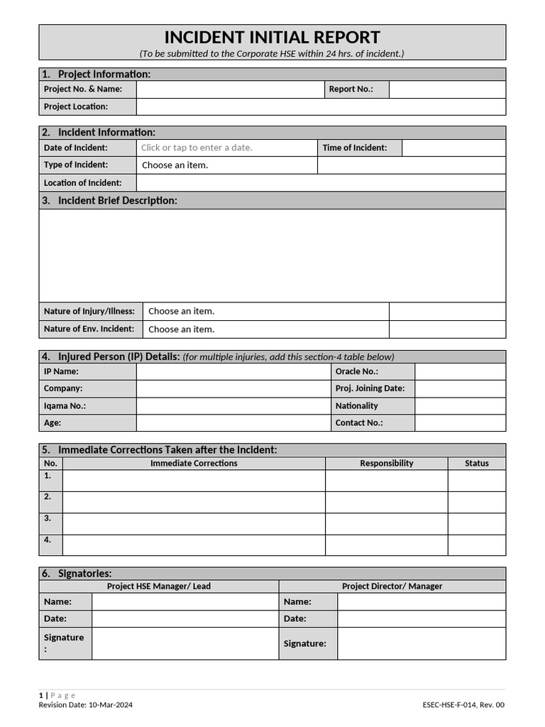 Incident Initial Report - ESEC-HSE-F-014 Rev.00 - Final | PDF