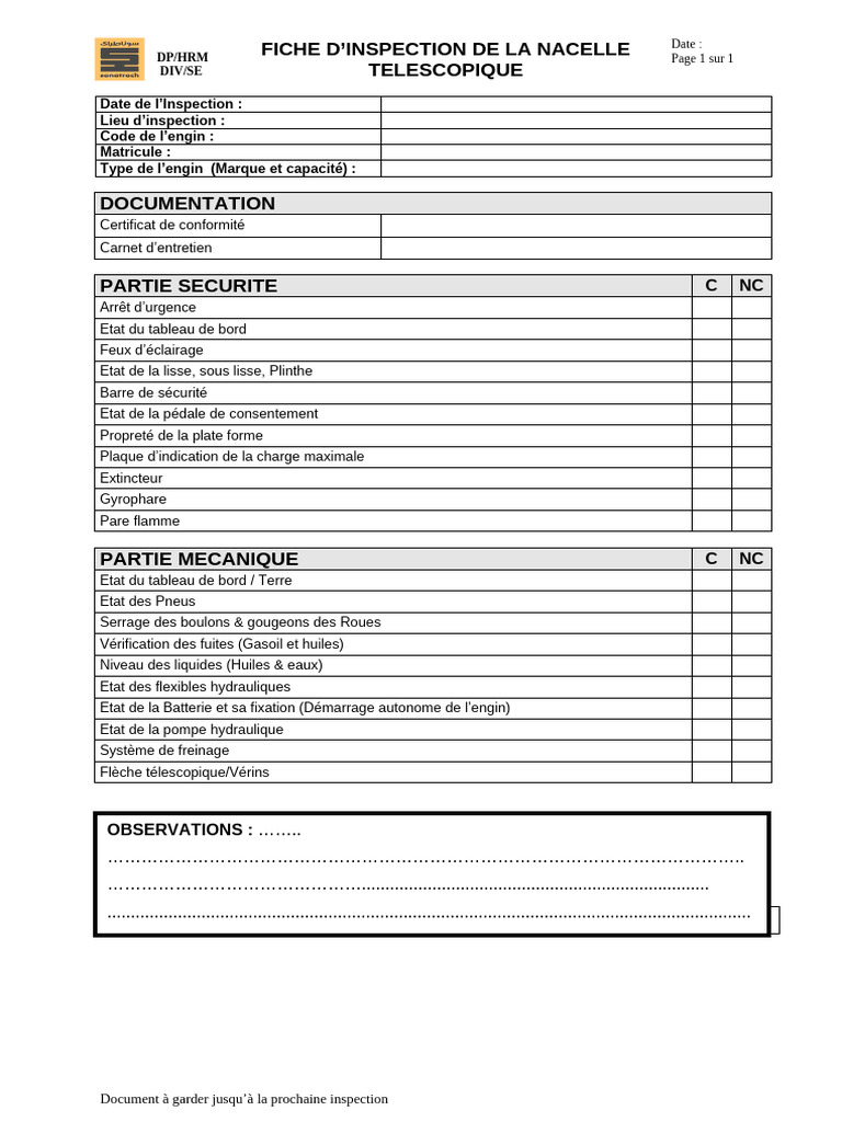 Fiche Inspection Nacelle Téléscopique | PDF