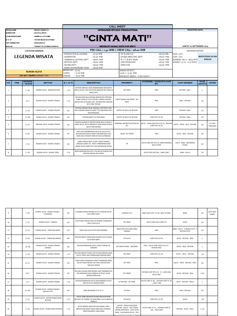 Day 35 - Split - Call Sheet Cinta Mati (Jum'at 20 September 2024) | PDF