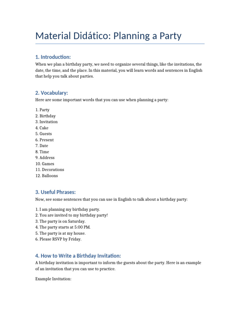 Planning A Party English Material | PDF