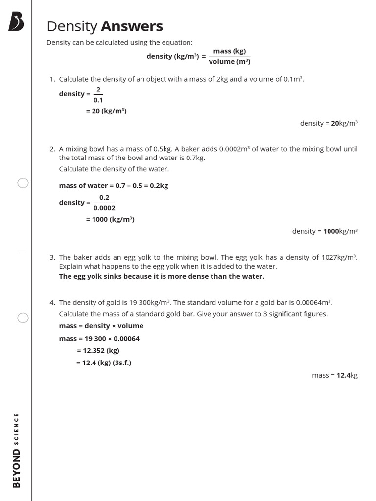 Density Calculations and Answers | PDF | Density | Volume