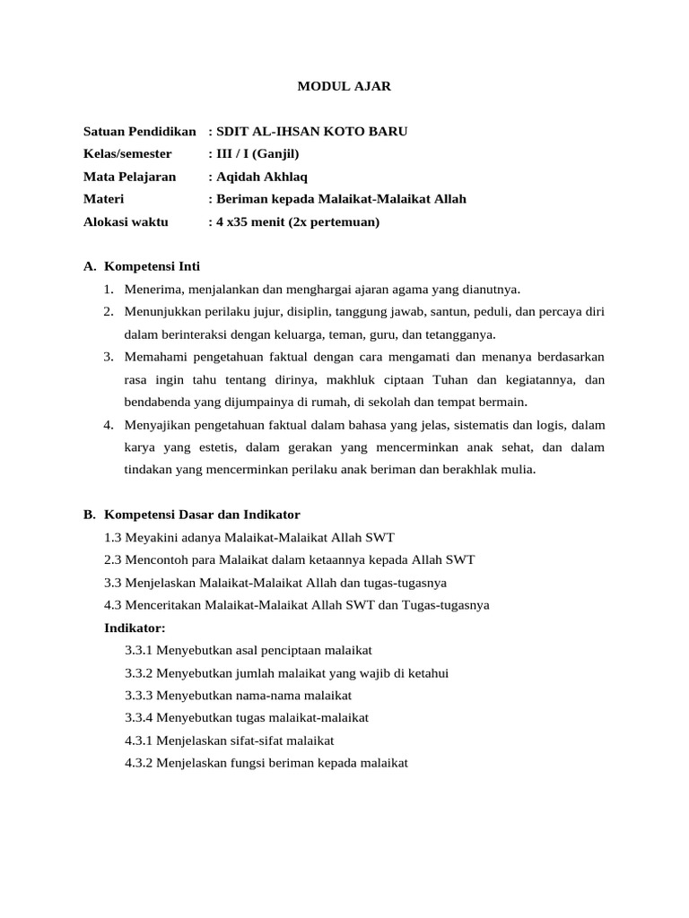 RPP AqidahAkhlak Kelas 3 Madrasah Ibtida | PDF