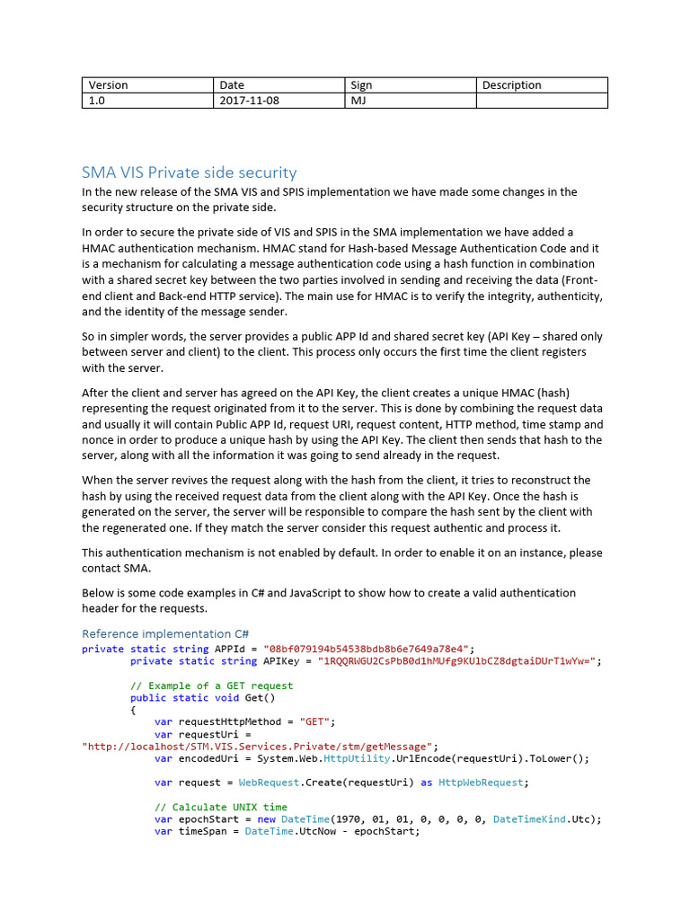 SMA HOW TO Implement HMAC Authentication For SMA VIS and SPIS Private Side | PDF