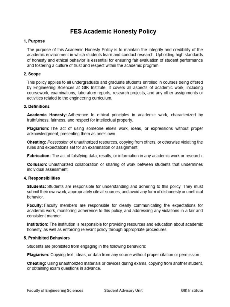 FES Academic Honesty Policy | PDF