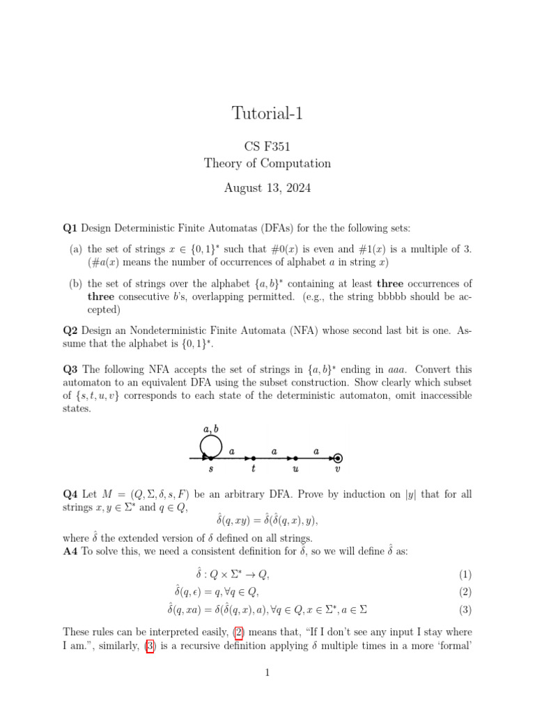 Tutorial-1: CS F351 Theory of Computation August 13, 2024 | PDF
