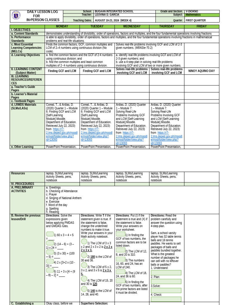 G5 Q1W4 DLL MATH (MELCs) | PDF | Mathematics | Learning