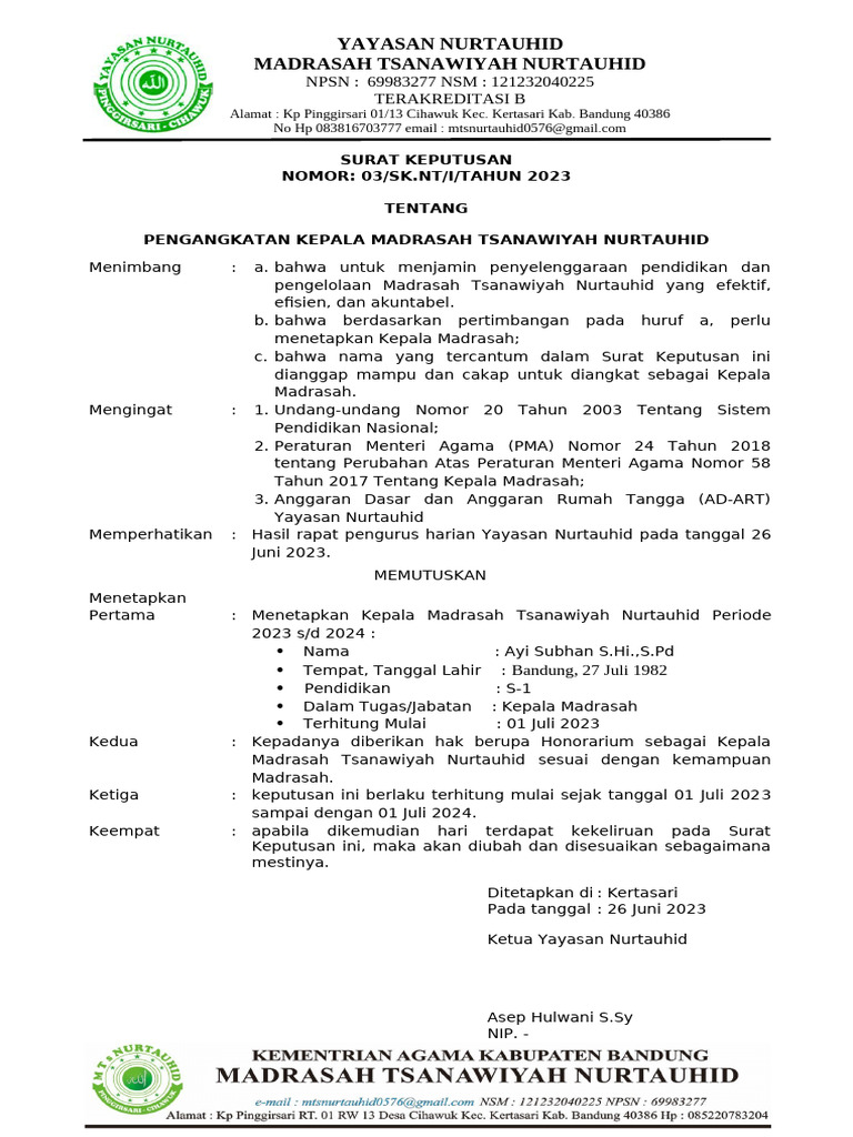 Contoh SK Pengangkatan Kamad - Kamimadrasah | PDF