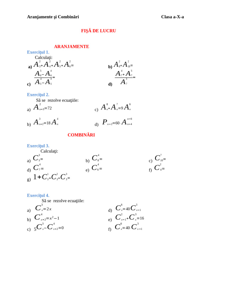 Fisa de Lucru. Aranjamente Si Combinari | PDF