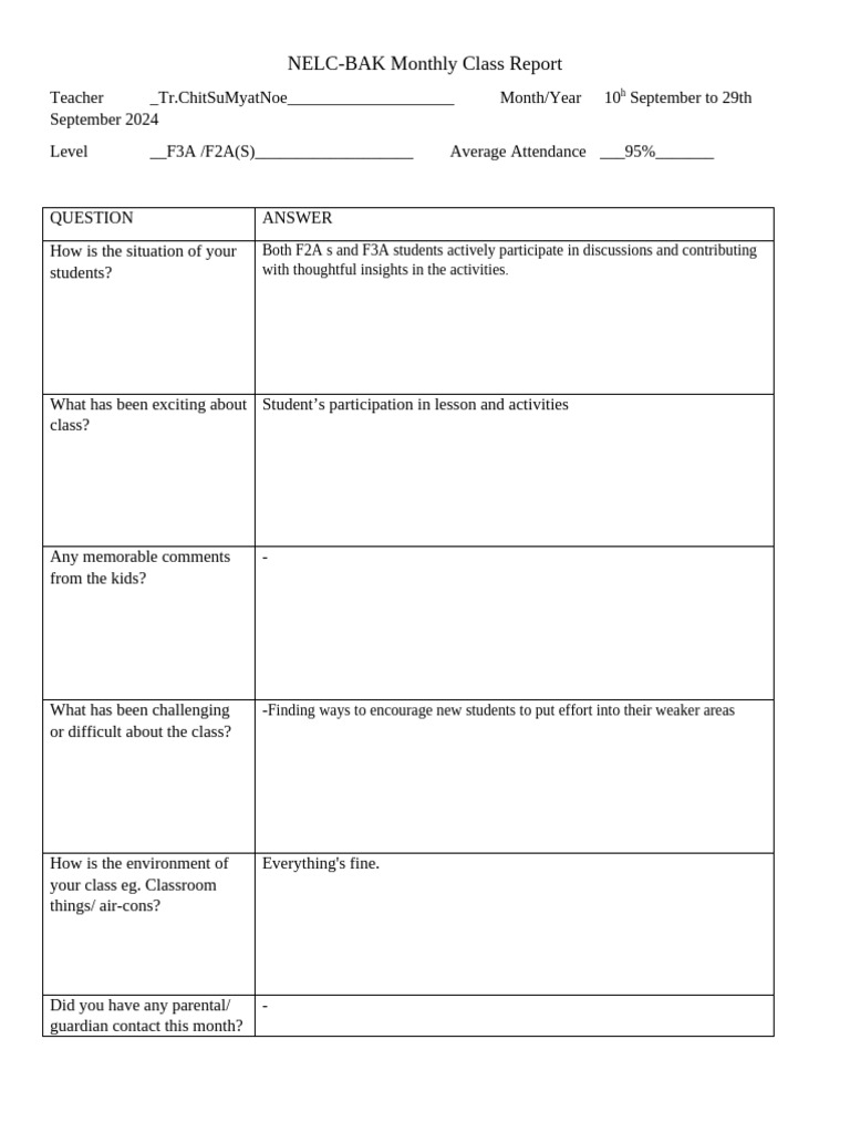 NELC-BAK Monthly Class Report | PDF