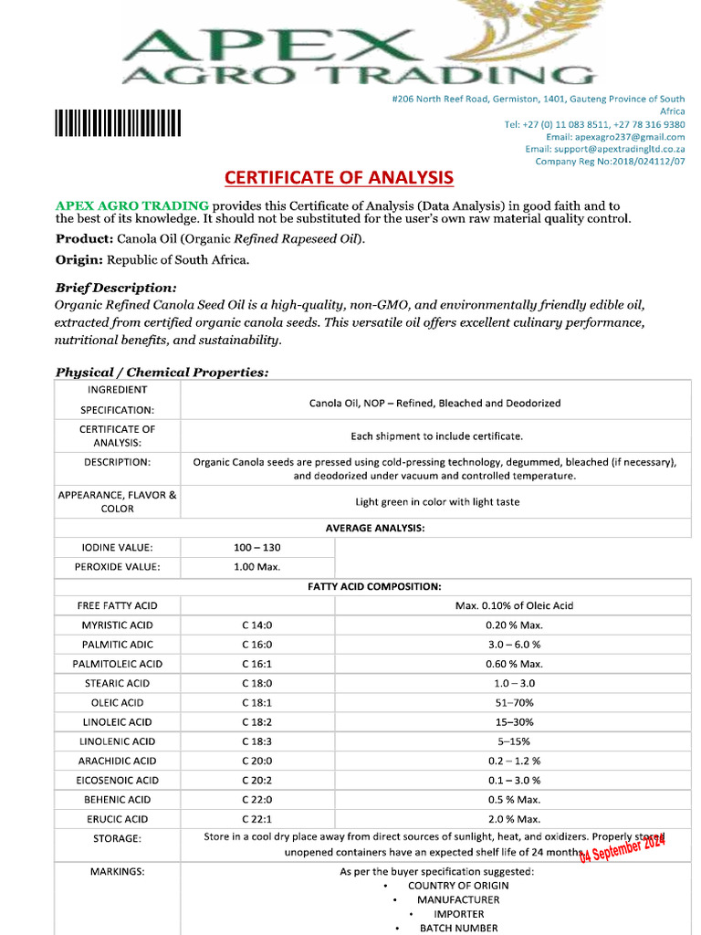 Certificate of Analysis - Organic Refined Canola Oil - AAT | PDF