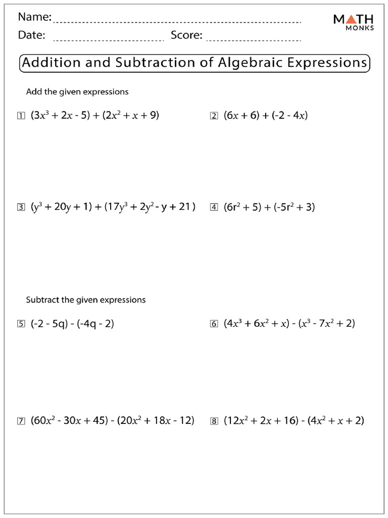 Addition and Subtraction of Algebraic Expressions Worksheets | PDF