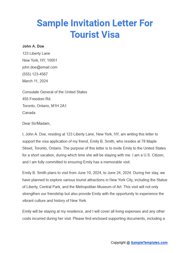 Sample Invitation Letter For Tourist Visa | PDF
