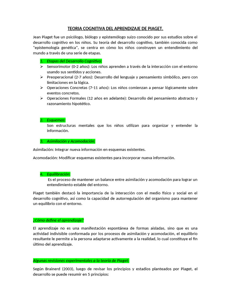 Teoria Cognitiva Del Aprendizaje de Piaget | PDF | Aprendizaje | Desarrollo cognitivo