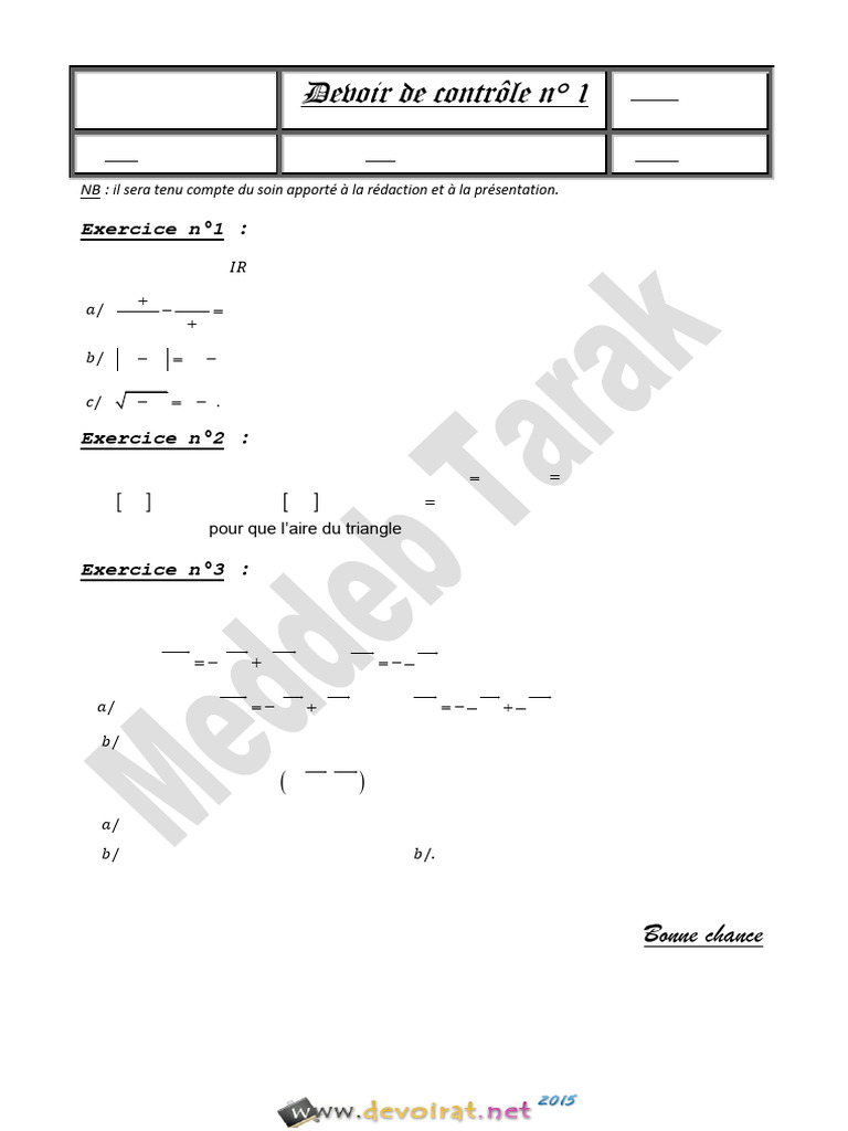 Devoir de Contrôle N°1 - Math - 2ème Sciences (2015-2016) MR Meddeb Tarek | PDF