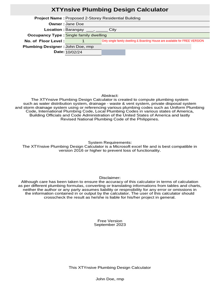 XTYnsive Plumbing Design Calculator (Free Version04) | PDF