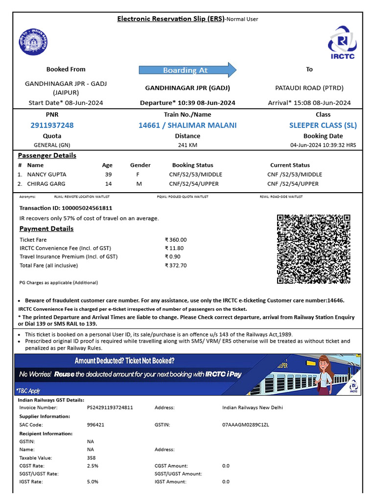 Shalimar Malani Sleeper Class (SL) : Electronic Reserva On Slip (ERS) | PDF