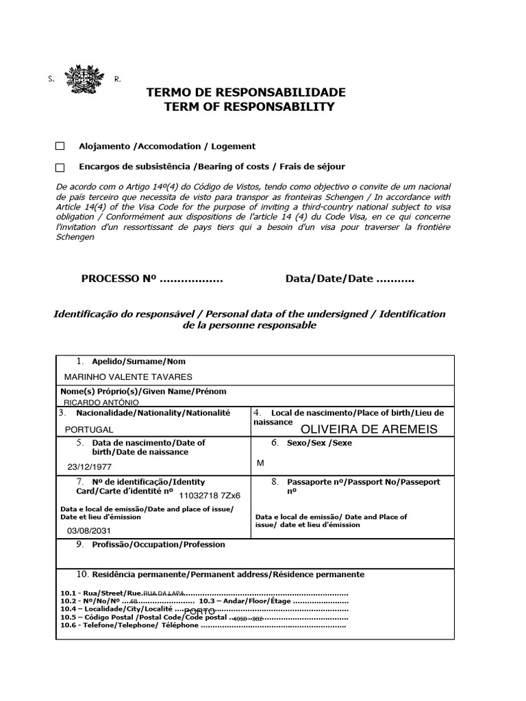 Carta Preenchida Termo de Responsabilidade - Portugal | PDF