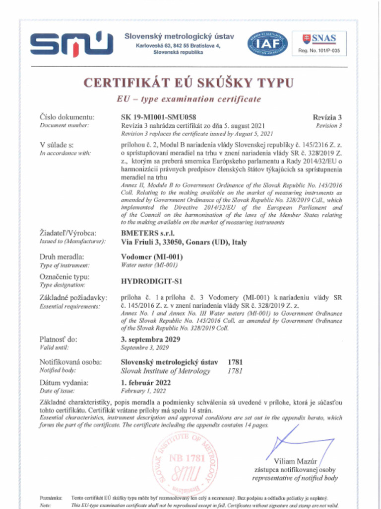 MODUL-B-HYDRODIGIT-Type-examination-certificate-SK-19-MI001-SMU058-Rev_03-Revisione-3 | PDF