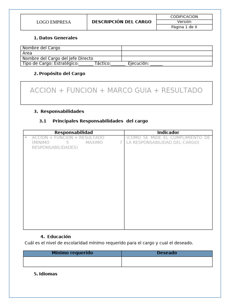Formato Modelo Analisis y Descripcion Del Cargo | PDF
