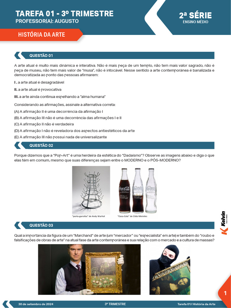 (30.09) Histã Ria Da Arte - Tarefa 01 - 2â Sã Rie - 3âº Trimestre | PDF